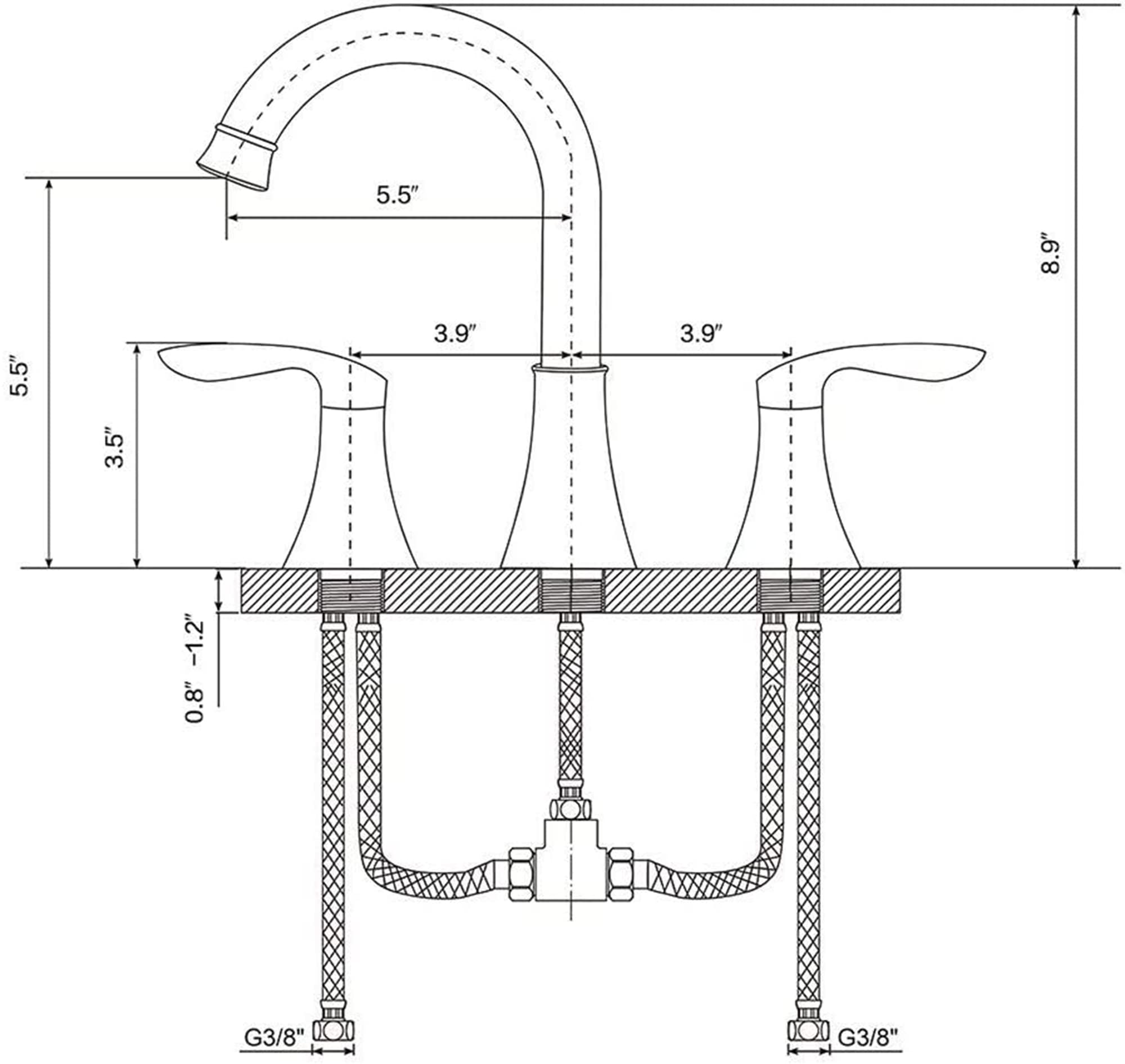 Friho Modern 2 Handle 3 Hole Brushed Nickel Widespread Bathroom Faucet, 8 inch Lavatory Vanity Swivel Spout Bathroom Sink Faucet with Water Supply Hoses and Pop Up Drain