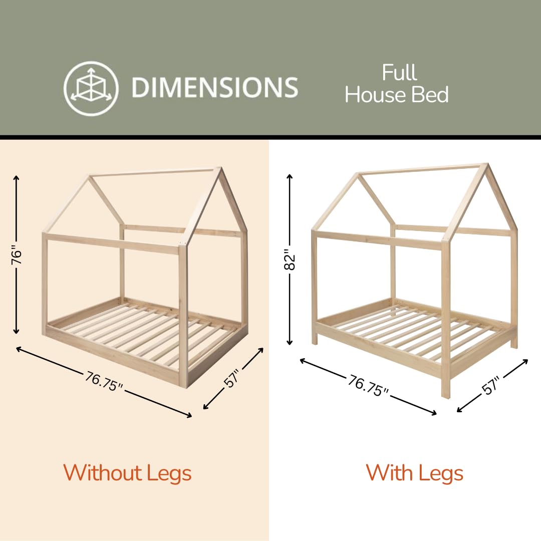 Montessori House Bed, Handcrafted Poplar Wood, With or Without Legs, Assembly Required (Full, Full House Bed Without Legs)