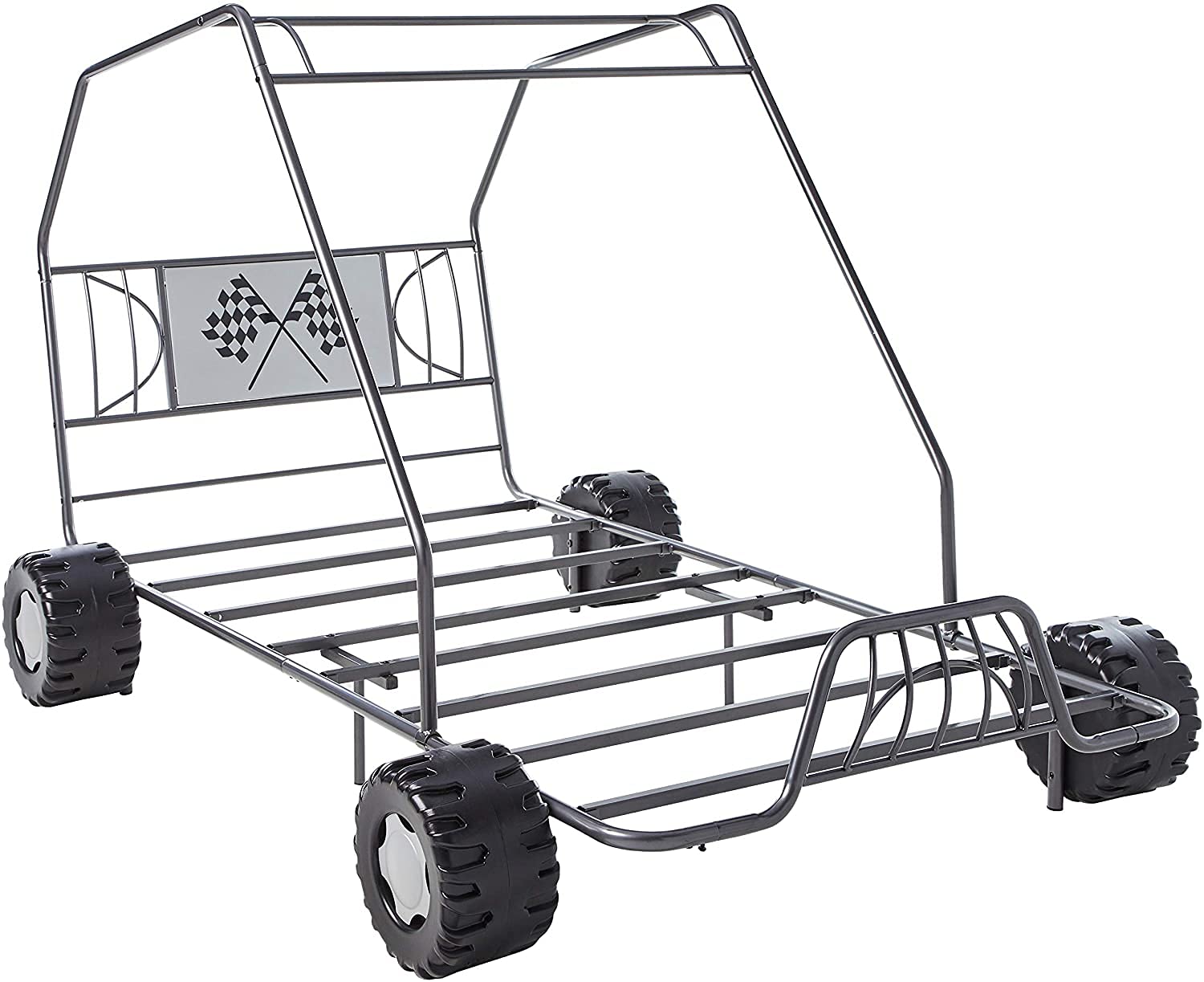 Metal Twin Size Kids Bed with Racer Cart Design ,Go Kart Car Bed for Boys, Twin Bed Frame with Four Wheels and Headboard ,Sturdy Slat System, No Box Spring Needed, Fit for Kids Teens Bedroom,Gunmetal
