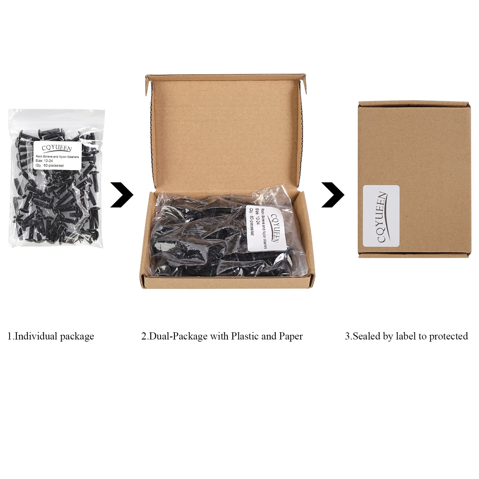 Cqyueen High-Grade Carbon Steel 12-24 Black Rack Screws Set. 60 Sets [Rack Screw + Nylon Washer] for Equipment Server Racks, Enclosures, and Cabinets