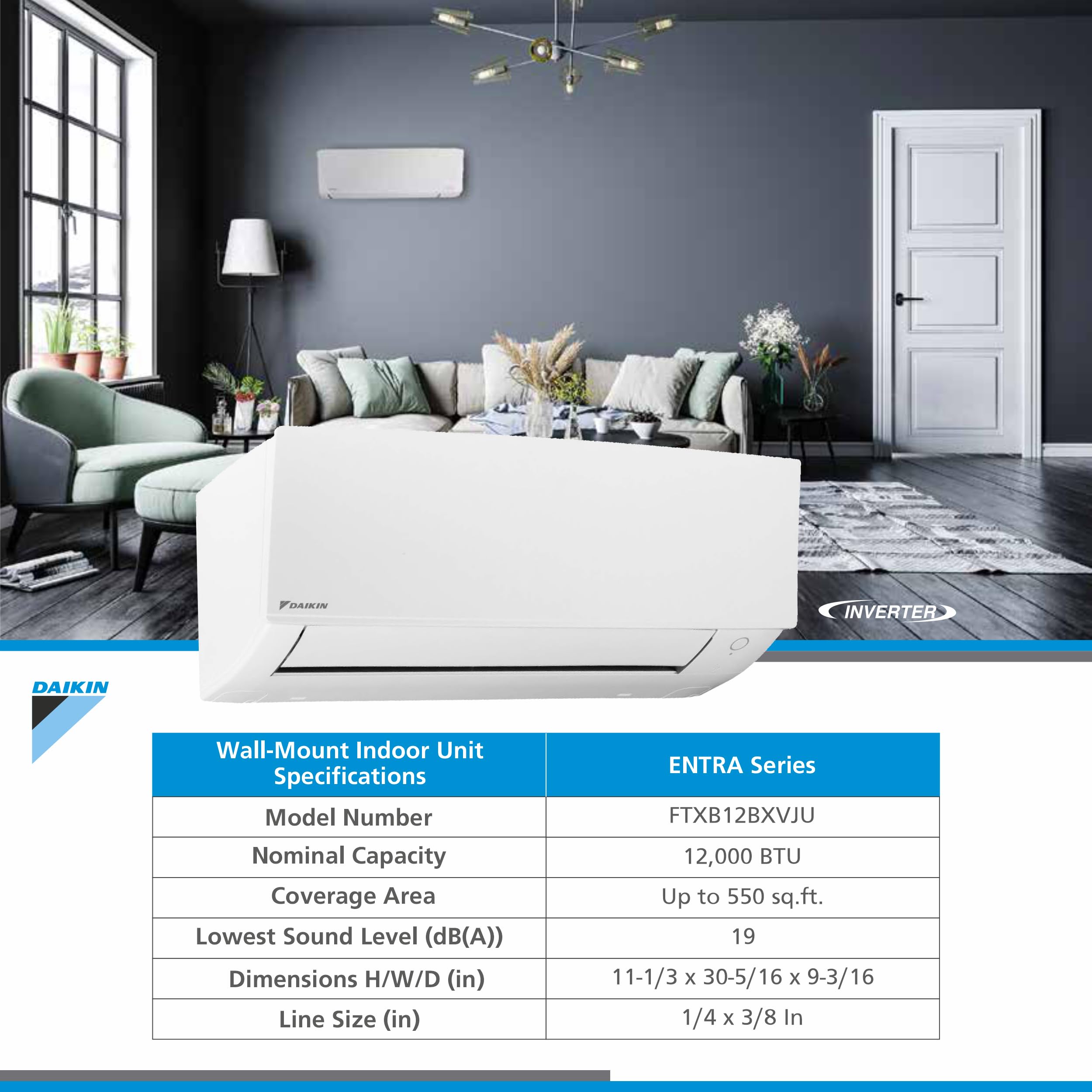 Daikin 12,000 BTU 18 SEER2 Entra Series Ductless Mini Split Heat Pump System w/Maxwell 16’ Installation Kit and Wall Mounting Bracket (230V)