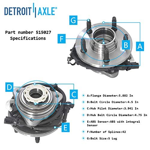 Detroit Axle - 4WD Front Wheel Bearing Hub for 1998-2000 Ford Ranger Mazda B4000 [w/ 4-Wheel ABS], Replacement 1999 Ranger B4000 Wheel Bearing and Hub Assembly