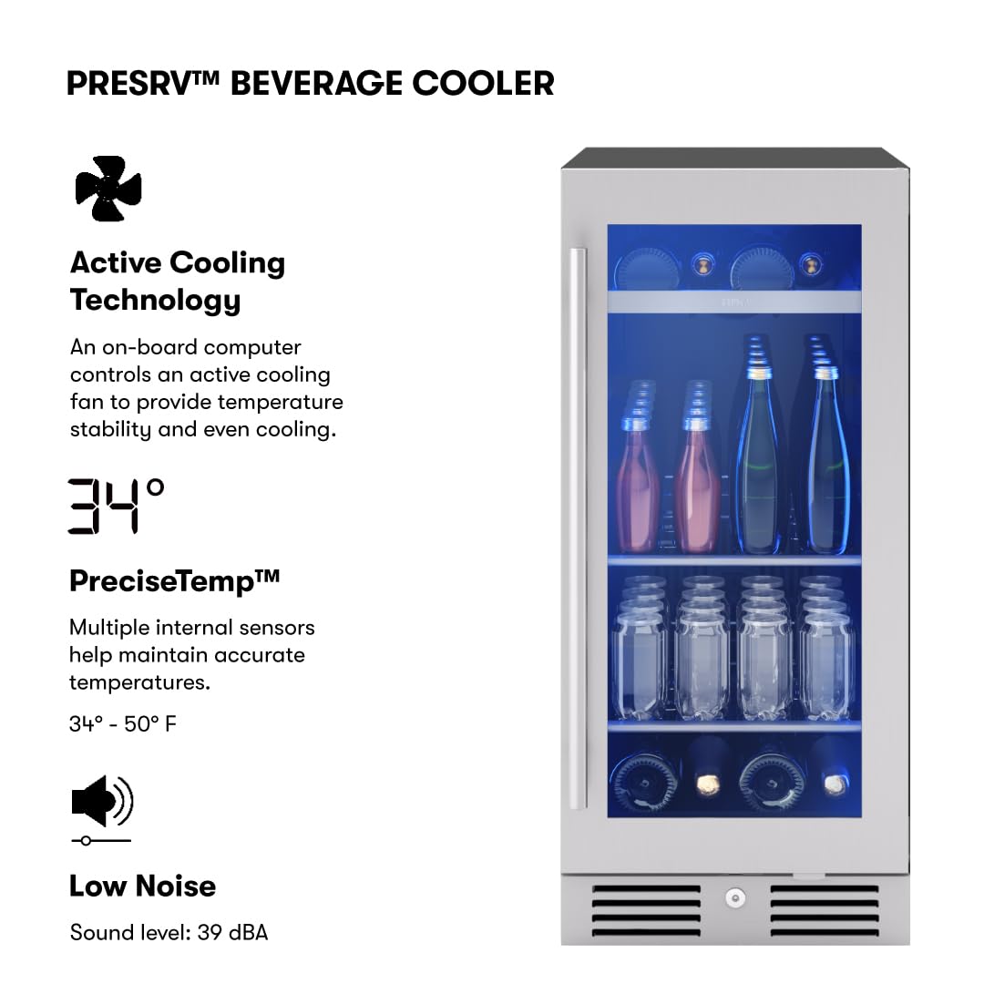 Zephyr Presrv 15" Slim Wine Fridge & Beverage Refrigerator Single Zone Under Counter - Narrow Mini Wine Cooler Small Beer Cabinet Drink Chiller Freestanding with Glass Door, 4 bottles, 64 cans