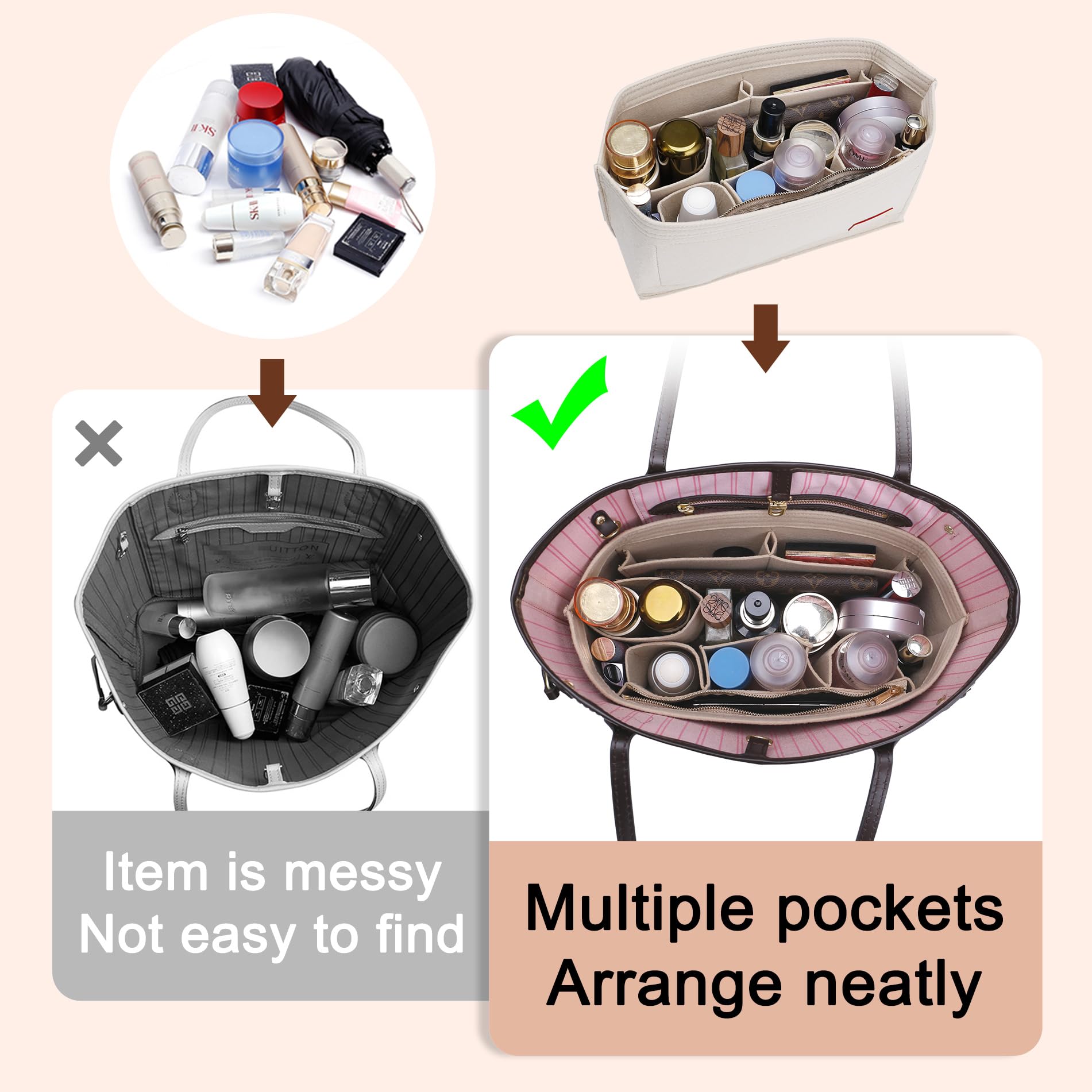 Doxo Purse Organizer Insert for Handbags & Base Shaper 2pc Set,Felt Le Pliage Large Tote,Bag Organizer with Zipper 3 Sizes,Compatible with Speedy Neverfull MM and More(Beige-L-Combination)