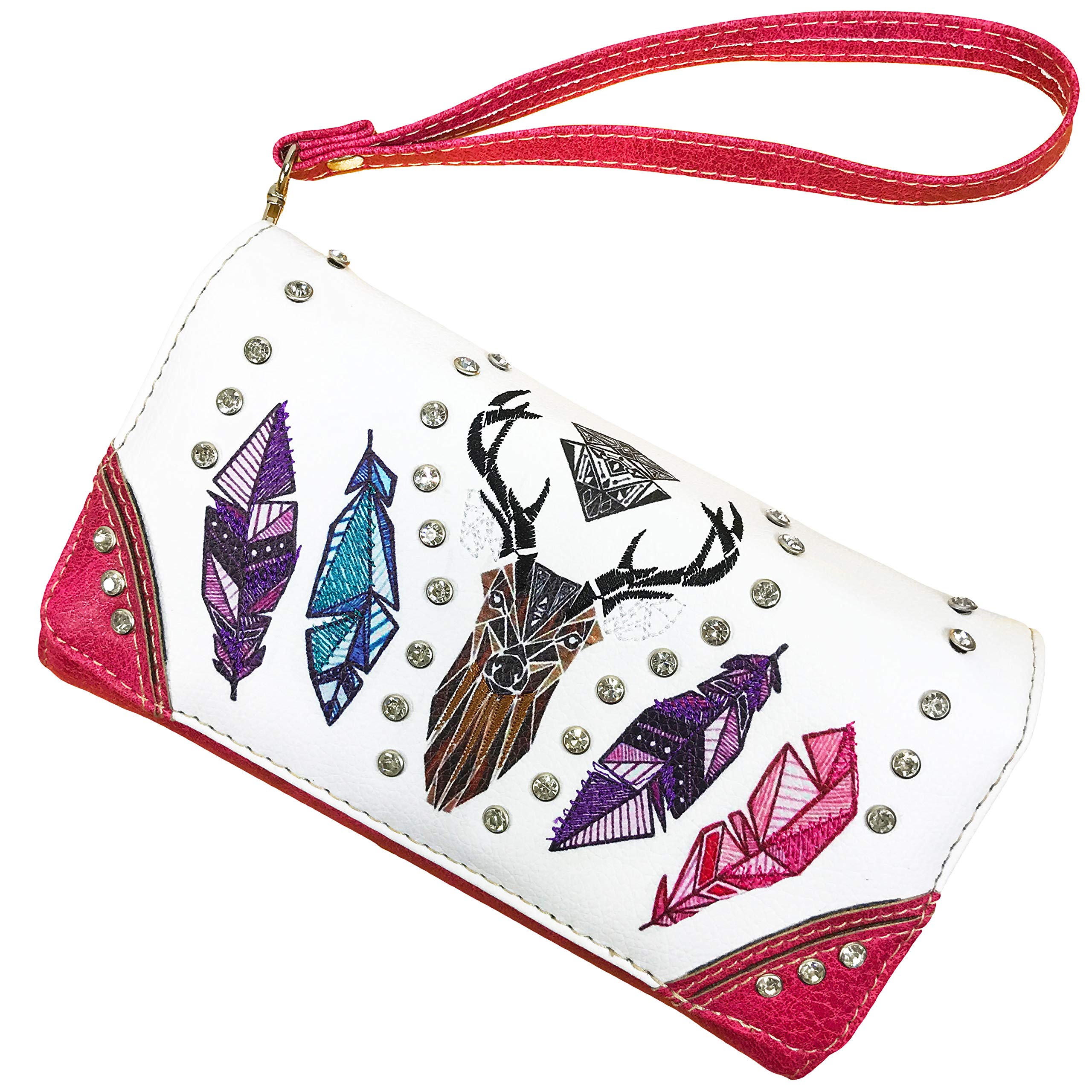 Zelris Elk Deer Tribal Feather Art Embroidered PU Vegan Leather Crossbody Wallet (Black)