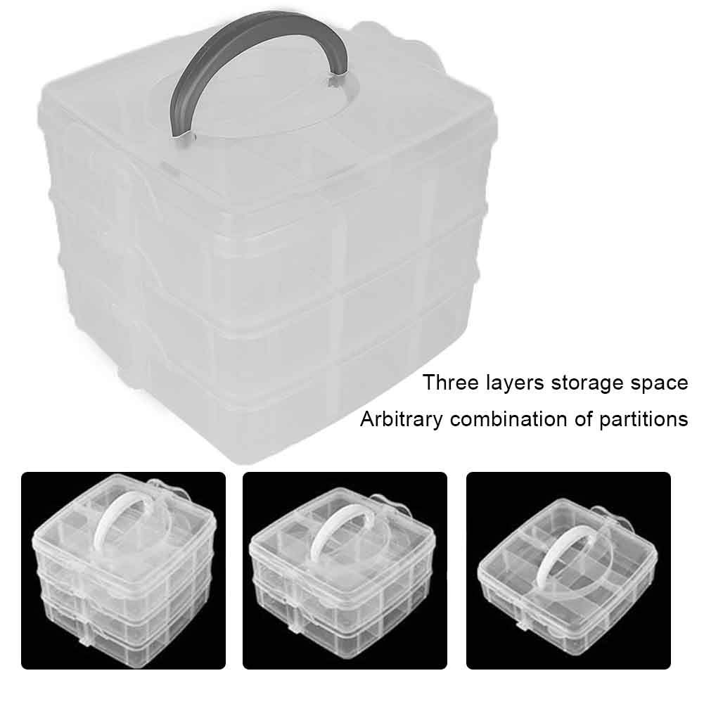 Craft Organizer Box 3 Layers Nail Art Storage Box Plastic Clean Jewelry Organizer Container with Adjustable Compartments for Nail, Hair Accessories, Beads, Threads, Ribbon, Art Supplies