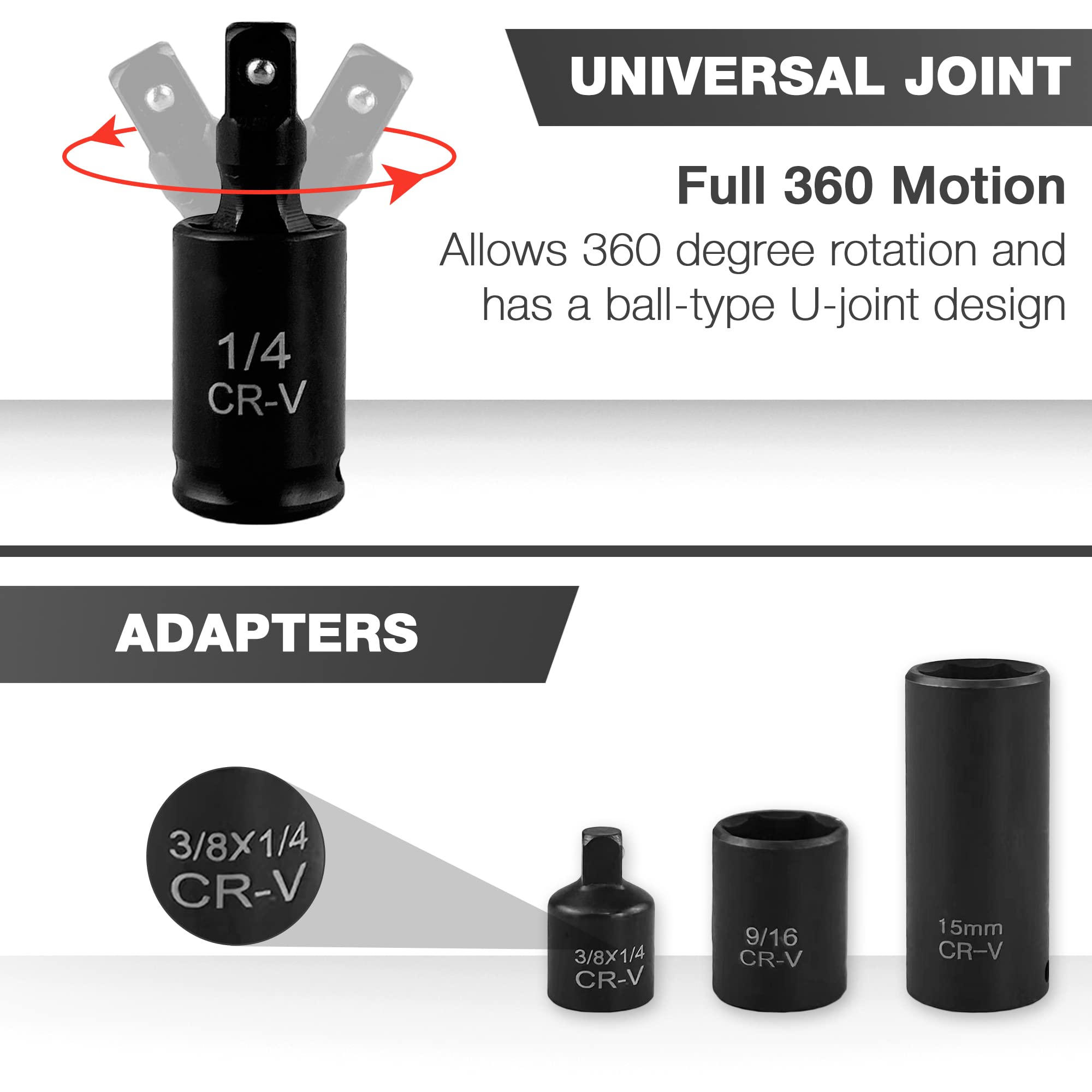 EACELIY 55pcs 1/4" Impact Socket Sets,SAE/Metric, Deep/Shallow, 6 Point,Cr-V Steel,(5/32"-9/16", 4-15mm) Sockets with 72 Tooth Ratchet,Extension bar,Universal Joint and Socket Adapter
