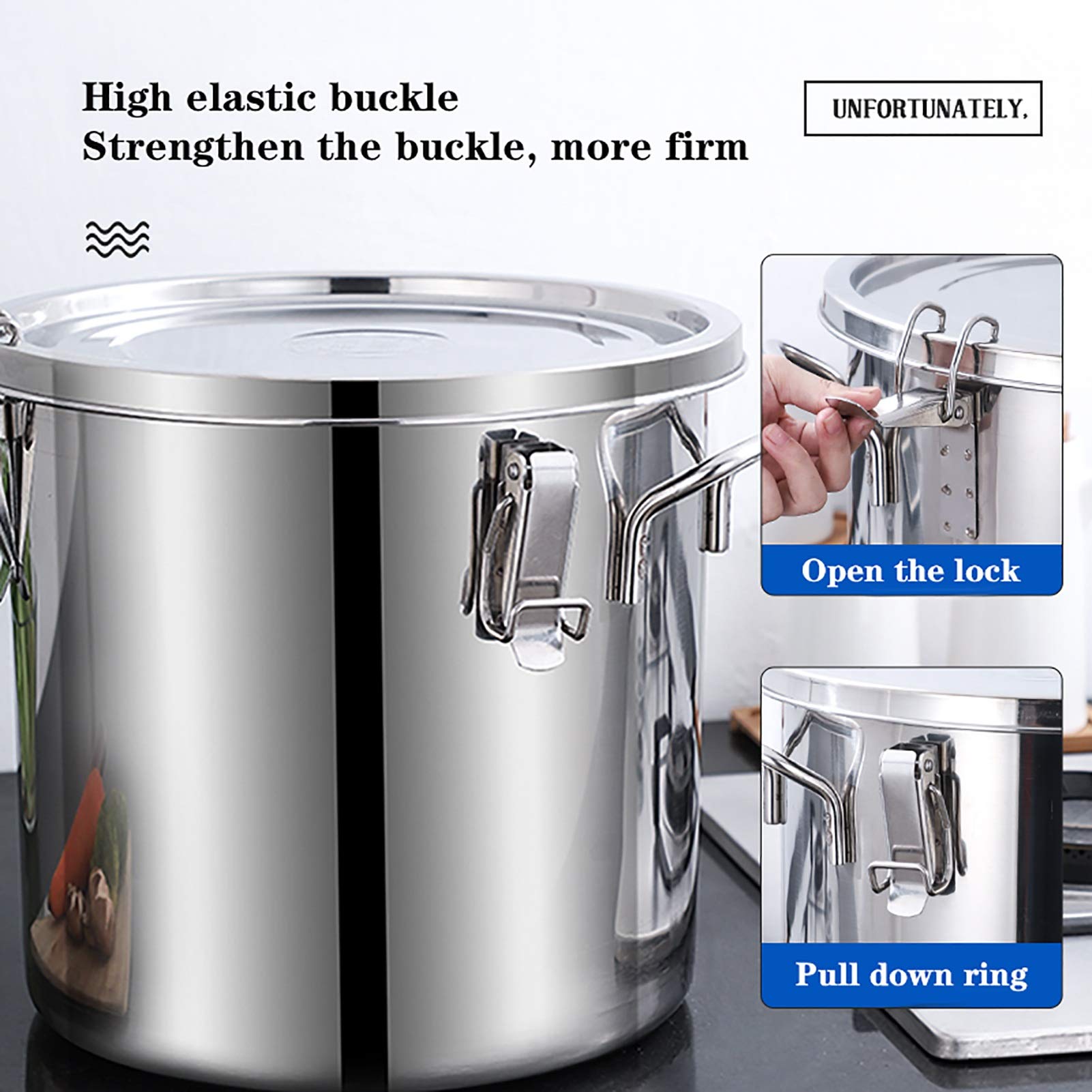 Stockpots Large Stock Pot,304 Stainless Steel Sealed Bucket, Sealed jar with lid,Double-layer Thickened, 24-hour Heat Preservation (Color : Silver, Size : 35cm35cm(33L))