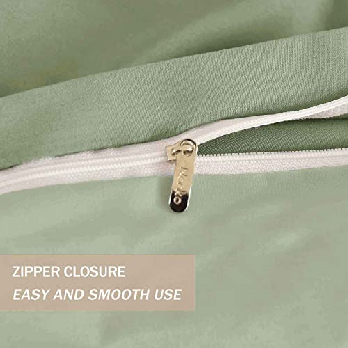 Nanko Queen Duvet Cover Set Sage Green Light Green 3pc 90x90 Luxury Microfiber Comforter Quilt Bedding Cover with Deco Buttons Zip Closure Ties - Modern Elegant Style for Men and Women Chambray Teen