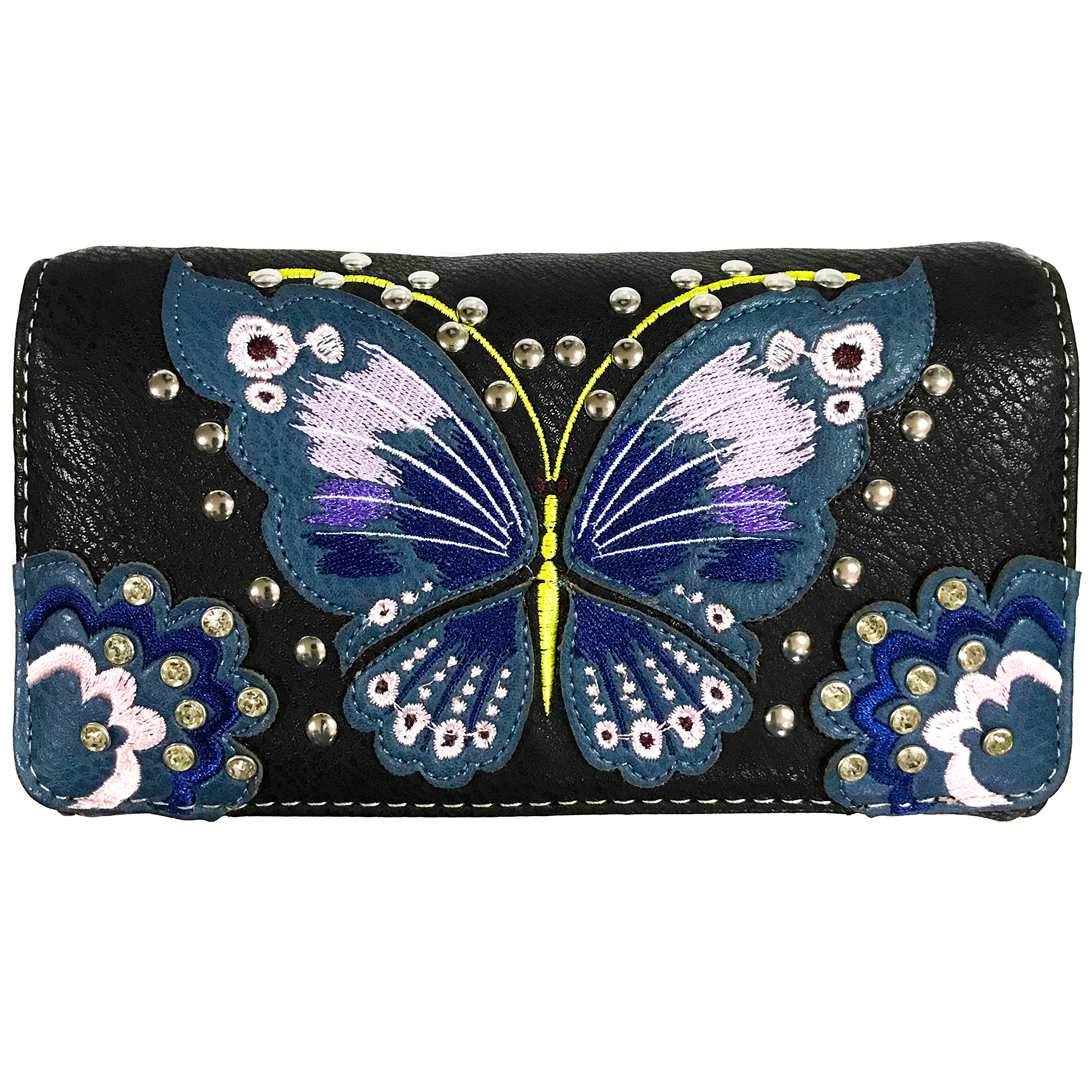 Zelris Peacock Butterfly Floral Embroidery Crossbody Trifold Wallet (Black)