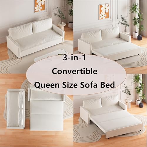Eafurn Multi-Functional Futon Loveseat Couch, Beige Velet 63.8" Queen with USB Port