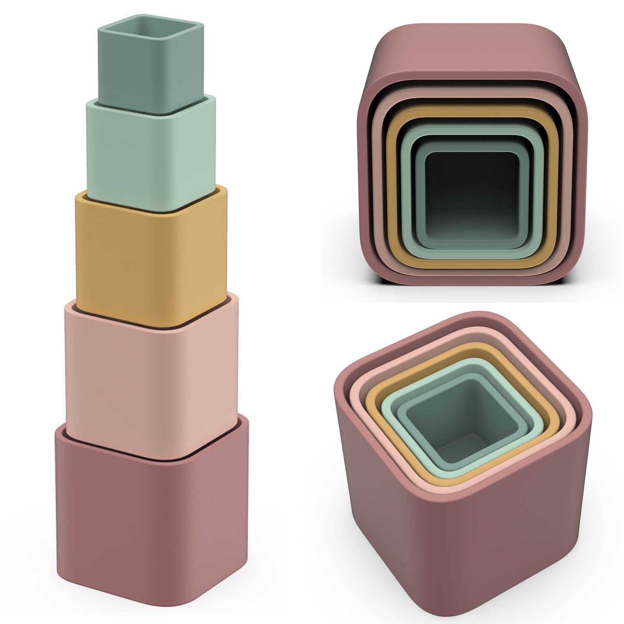 Rosie Bee Silicone Square Stacking Cups Montessori Toy for Kids, Baby Teether Toys, Stacker, Nesting, Sorting Tower - Free of BPA - Gift for Boys Girls - with Bag (Geyser)