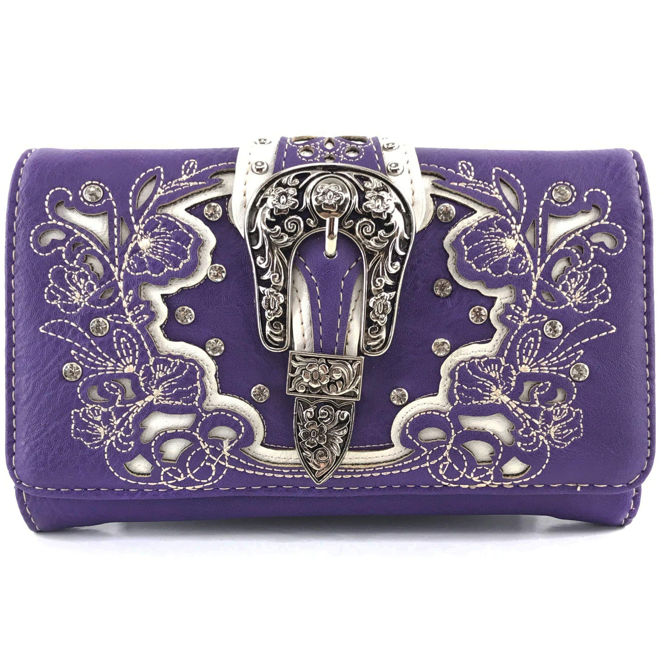 Zelris Western Floral Blossom Buckle Women Crossbody Wrist Trifold Wallet (Purple)