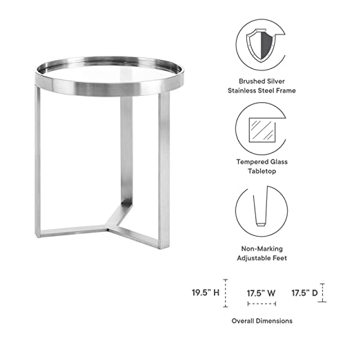 Modway Relay Glass and Metal Accent Side Table, Silver 17.5 x 17.5 x 19.5