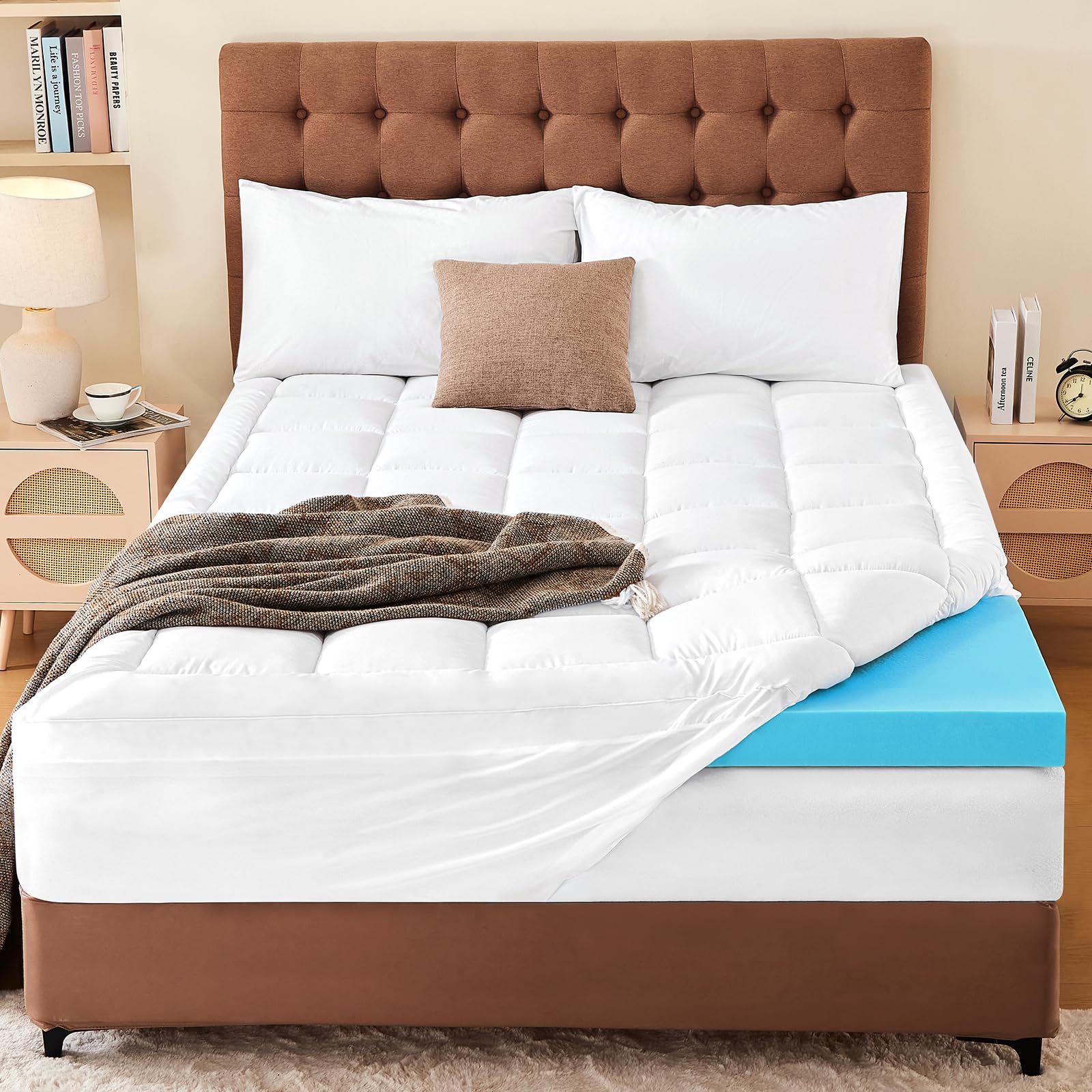 MEUDYT Memory Foam Mattress Topper Queen Size - 3 Inch Dual Layer Mattress Pad - 2 Inch Cooling Gel Memory Foam Plus 1 Inch Pillow Top Cover - Ultra Soft Support for Back Pain