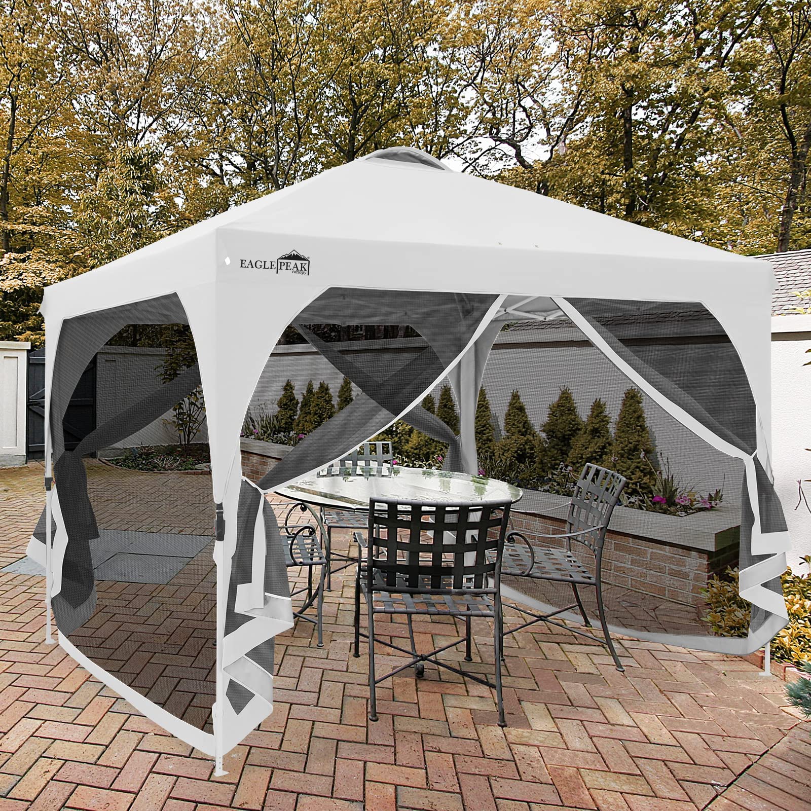 EAGLE PEAK 10' x 10' Outdoor Pop Up Canopy Tent, Pop Up Screenhouse, Portable Sun Shelter with Mosquito Netting, Vented Top and Wheeled Carrying Bag, White