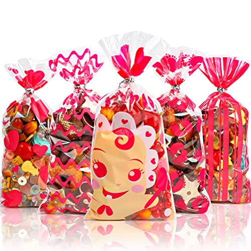 SULOLI Baby Shower Cellophane Bags,120pcs Pink Candy Goodie Bags Gender Reveal Treat Bags with 150 Twist for Baby Shower Party Favor supplies