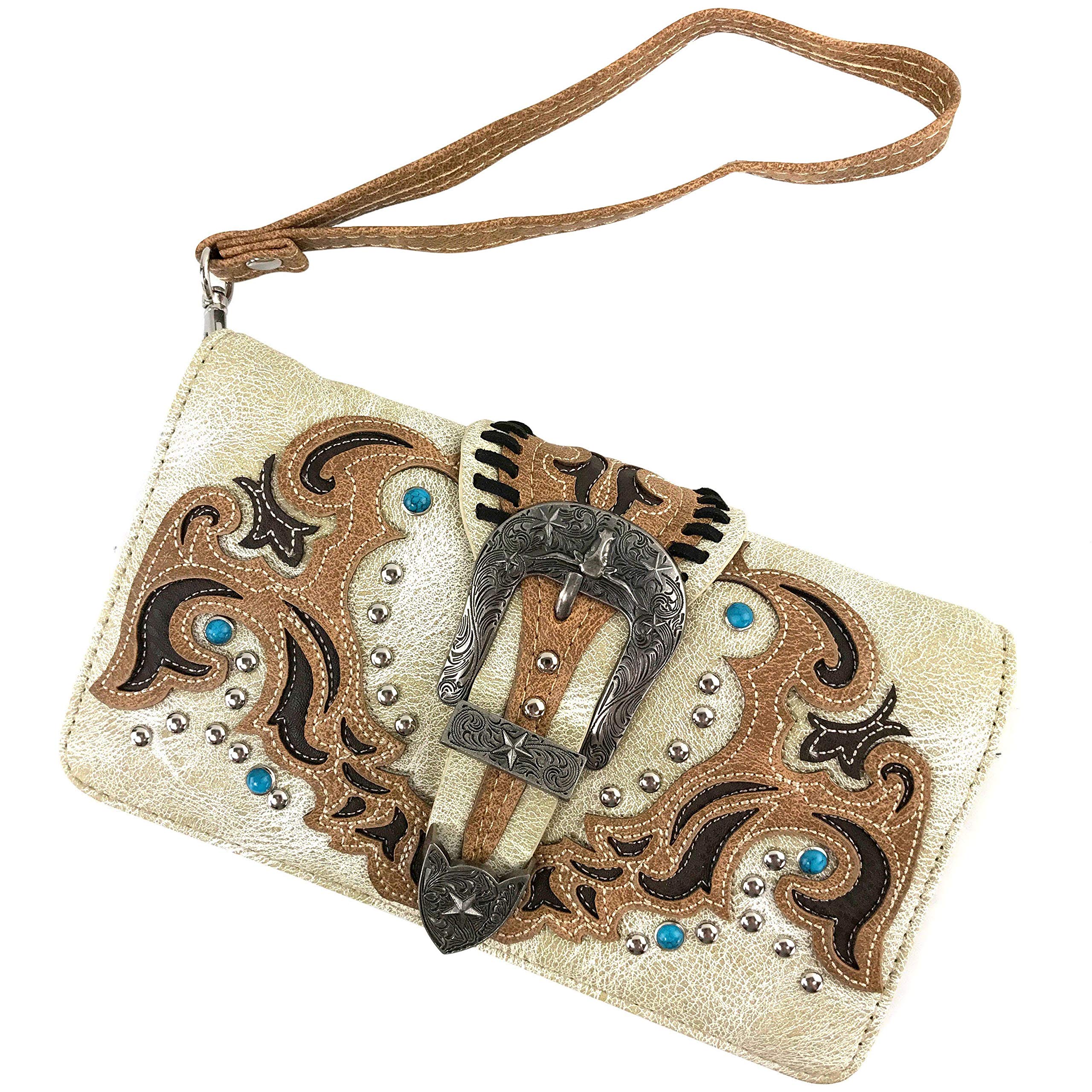 Zelris Western Texas Longhorn Buckle Women Crossbody Wrist Trifold Wallet (Black)