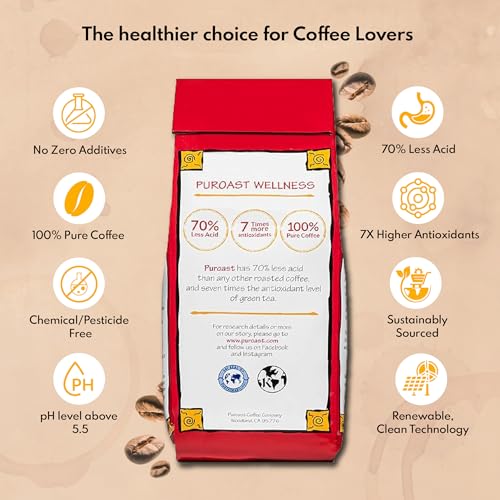 Puroast Low Acid Coffee , Ground Coffee , French Roast , Dark Roast , Certified Low Acid Coffee , pH 5.5+ , Gut Health , 2.2 LB , Higher Antioxidant , Smooth for Espresso, Cold Brew & Iced Coffee