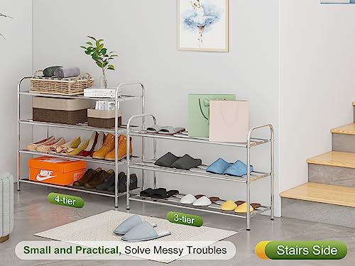 SKIKEN 4-Tier Expandable Shoe Rack, 100% Stainless Steel,4-Rod Extendable and Adjustable Feet, Simple Stretchable Shoe Shelf, Small Space Shoe Rack for Entryway, Stair Sides, Closet