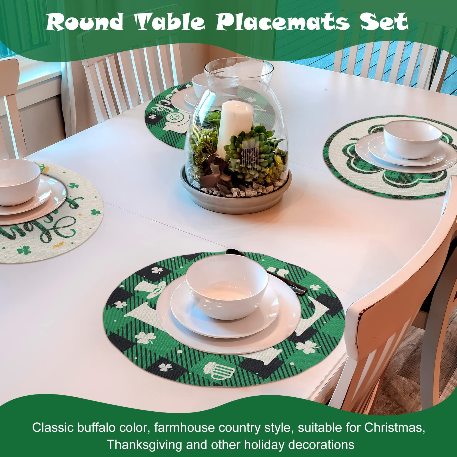 Round Placemats St. Patrick's Day Placemat Buffalo Plaid Check Table Mats Lucky Clover Shamrock Dining Table Mats for St Patrick's Day Holiday Farmhouse Table Decor (Shamrock Pattern,4 Pieces)