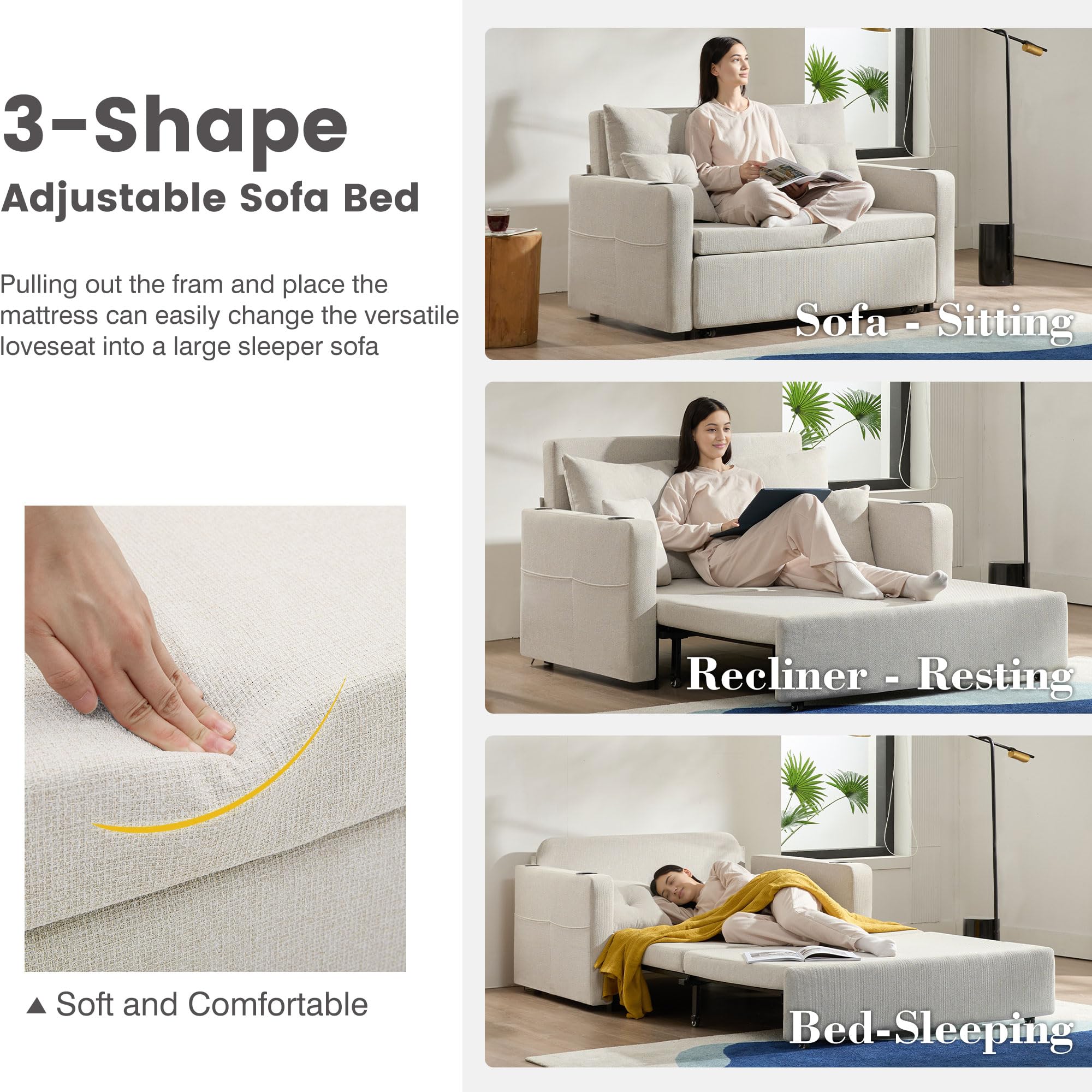 Krcix 3 in 1 Sleeper Sofa Bed, 56 Inch Convertible Loveseat Sofa, Pull Out Couch Bed with Storage Pockets, Cup Holders, USB – Sofa Cama for Living Room, Bedroom, Apartment, Beige