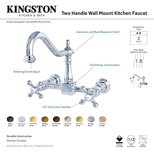 Kingston Brass KS124AXAC Heritage Bridge Kitchen Faucet, Antique Copper