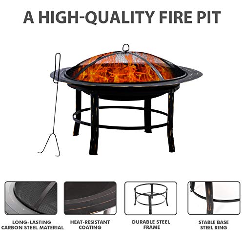 Fire Pit 28 Inch Outdoor Wood Burning BBQ Grill Firepit Bowl for Camping Picnic Bonfire Patio Backyard Garden Beaches Park with Carry Bag,Mesh Spark Screen Cover,Log Grate,Black