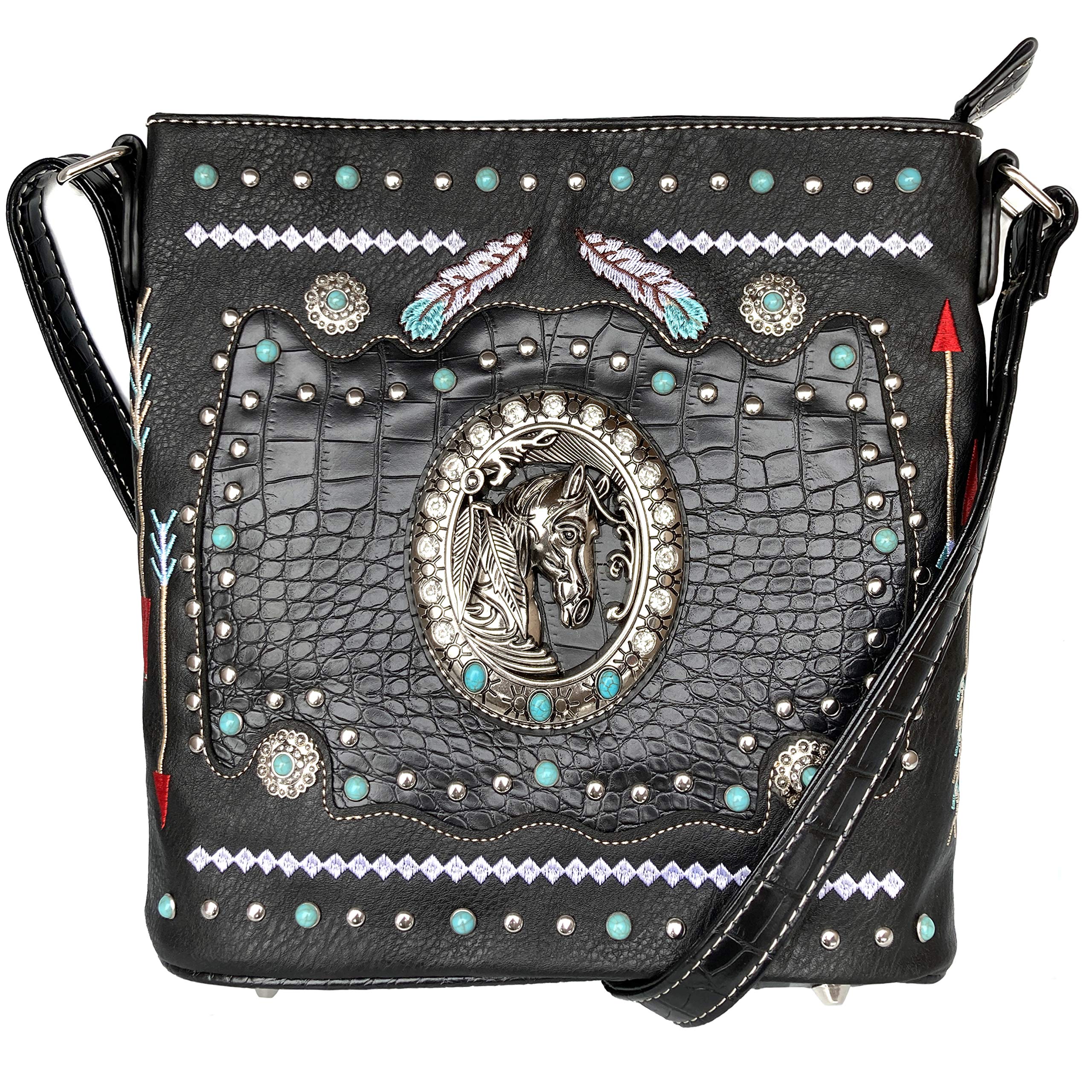 Zelris Western Horse Embroidered Feathers Turquoise PU Leather Concealed Carry Women Crossbody Bag (Black)