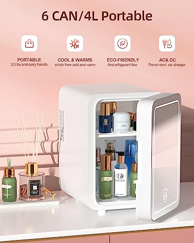 Skincare Fridge - Makeup Fridge With Dimmable LED Light Mirror, 4L Mini Fridge for Bedroom, Car, Office & Dorm, Cooler & Warmer, Portable Small Refrigerator for Cosmetics, Skin Care and Food, White