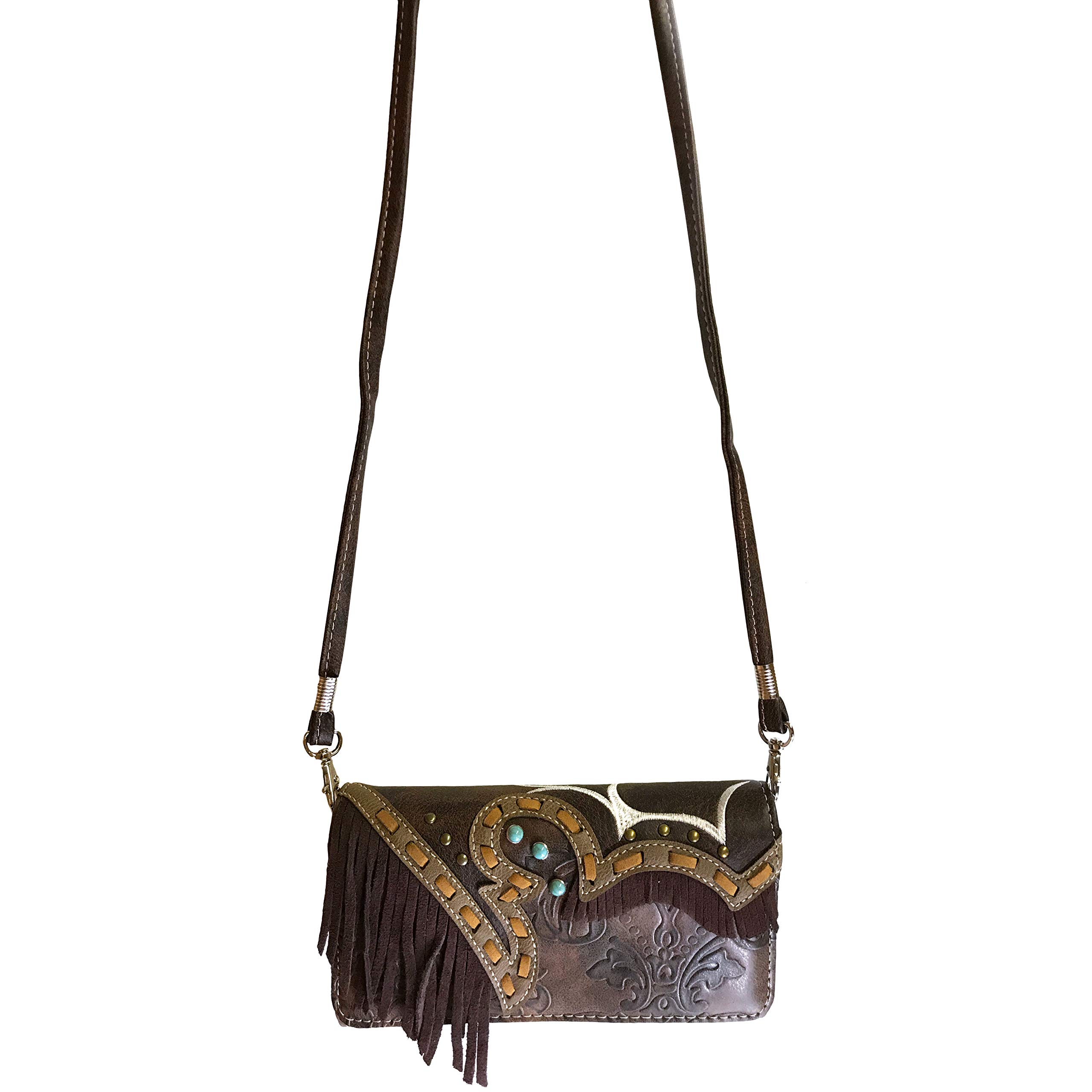 Zelris Women Shoulder Handbag Wallet Set Turquoise Concho Suede Fringe Two Tone Cowgirl Conceal Carry Purse (Western Brown)