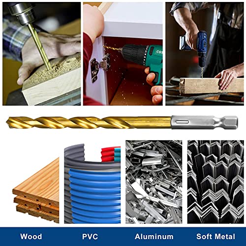 Titanium Twist Drill Bit Set - 13 Pcs Hex Shank High Speed Steel, Premium 4341 HSS Titanium Impact Hex Drill Bits for Wood, Steel, Metal, Plastic, Quick Change Design (1/16”-1/4”)