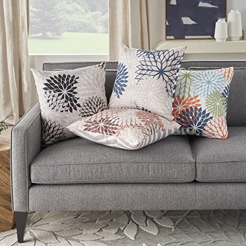 Mina Victory Aloha Floral Ivory/Navy 20" x 20" Outdoor Throw Pillow, Botanical, Patio, Couch, Bench, Easy Clean, Zipper Closure,