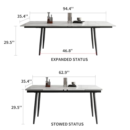 Luck Live 62.9'' to 94.4'' Extendable Dining Tables for 4 to 8 - New sintered Stone Material Rectangle Dining Table -High Hardness,White, Easy