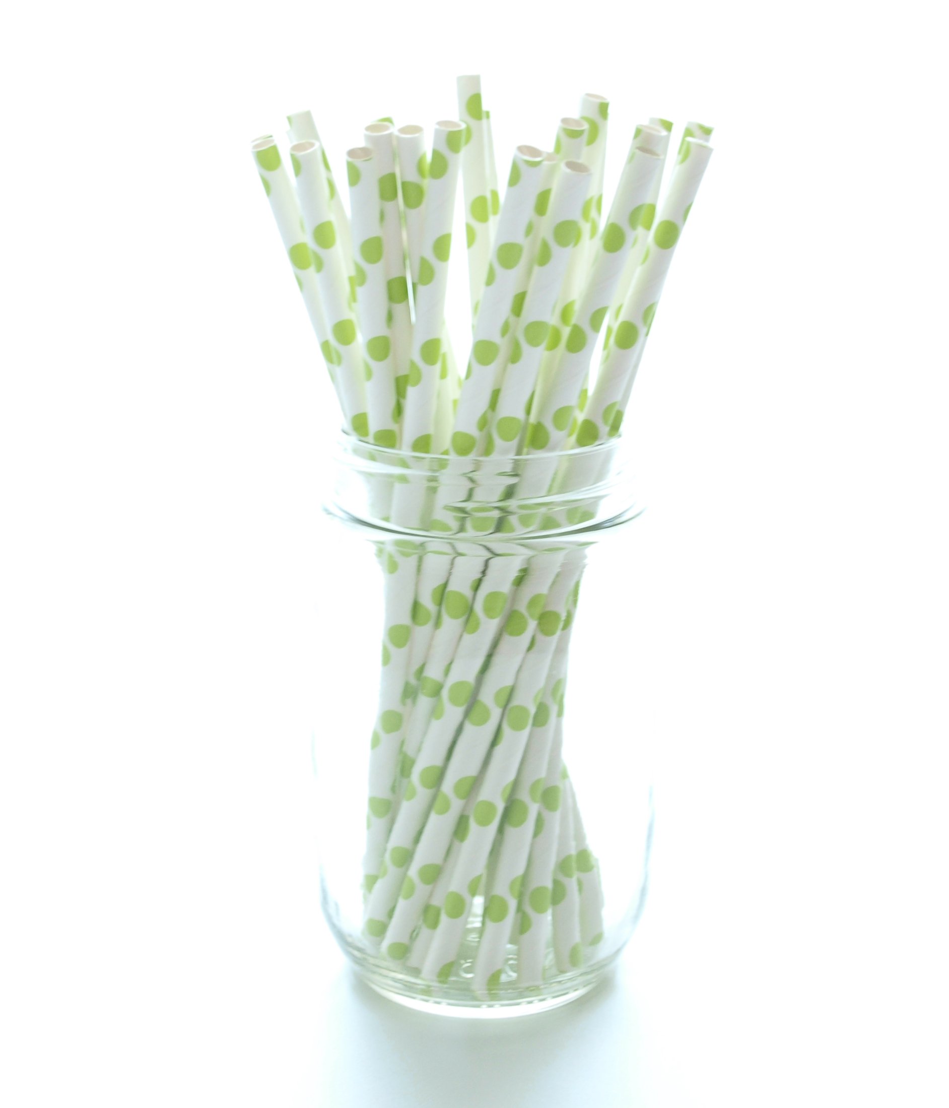 Green Polka Dots Party Paper Straws - 25 Pack - Mason Jar Wedding Straws, Decorative Drinking Straws, Green Polka Dot Straws