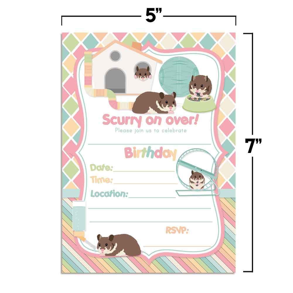 Pet Hamster Themed Birthday Party Invitations for Kids, 20 5x7 Fill In Cards with Twenty White Envelopes by AmandaCreation