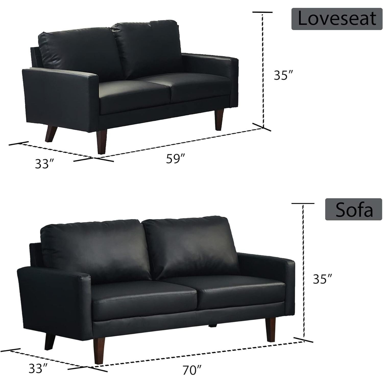 HomeStock Rococo Radiance Leather Upholstered, Comfy Couch Modern Sofa with Wooden Legs for Living Room, Office, Removable Cushions, Wooden Legs Black/Loveseat