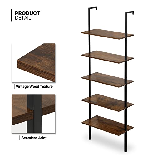 MoNiBloom 5-Tier Bookshelf Wall Mounted, 72 Inches Ladder Shelf with Metal Frame for Living Room Decor and Storage, Rustic Brown