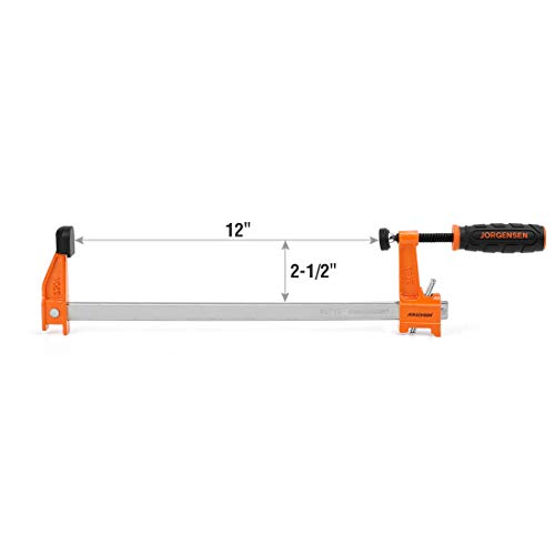 JORGENSEN 2-pack Steel Bar Clamps Set, 12-inch Medium Duty, 600 Lbs Load Limit, for Woodworking