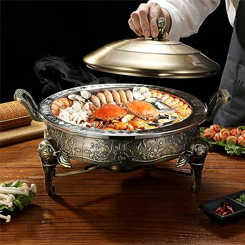 Retro Round Chafing Dish, Stainless Steel Buffet Server Warming Tray with Fuel Holders and Lid, for Birthday Party Wedding Celebration