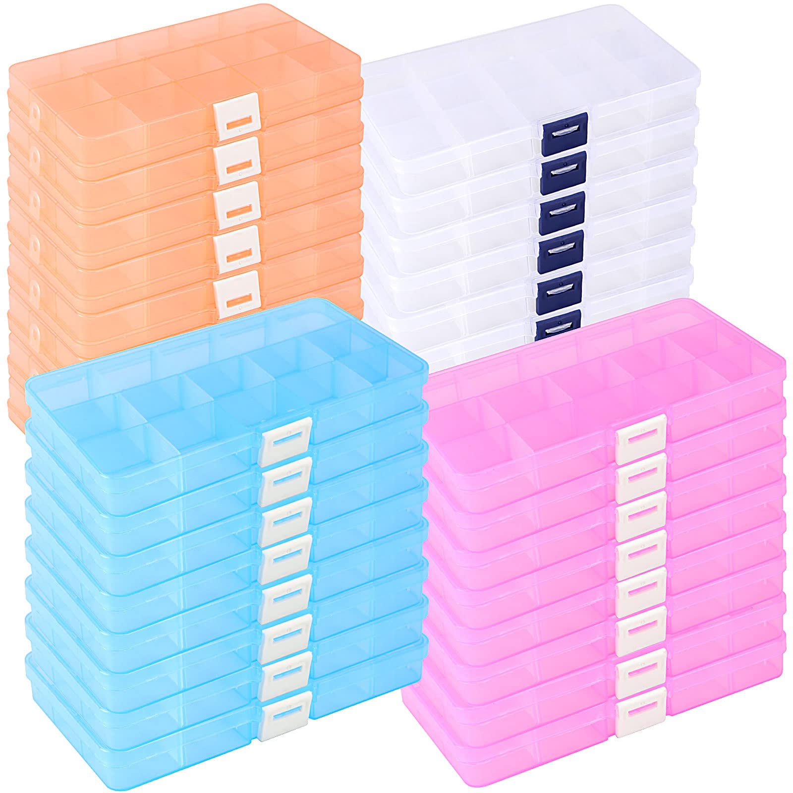 ZOENHOU 32 Pack 15 Grids Plastic Bead Organizer Box, 4 Colors Plastic Storage Containers Small Tackle Box with Adjustable Removable Dividers for Jewelry Bead Earring Fishing Hook Small Accessories