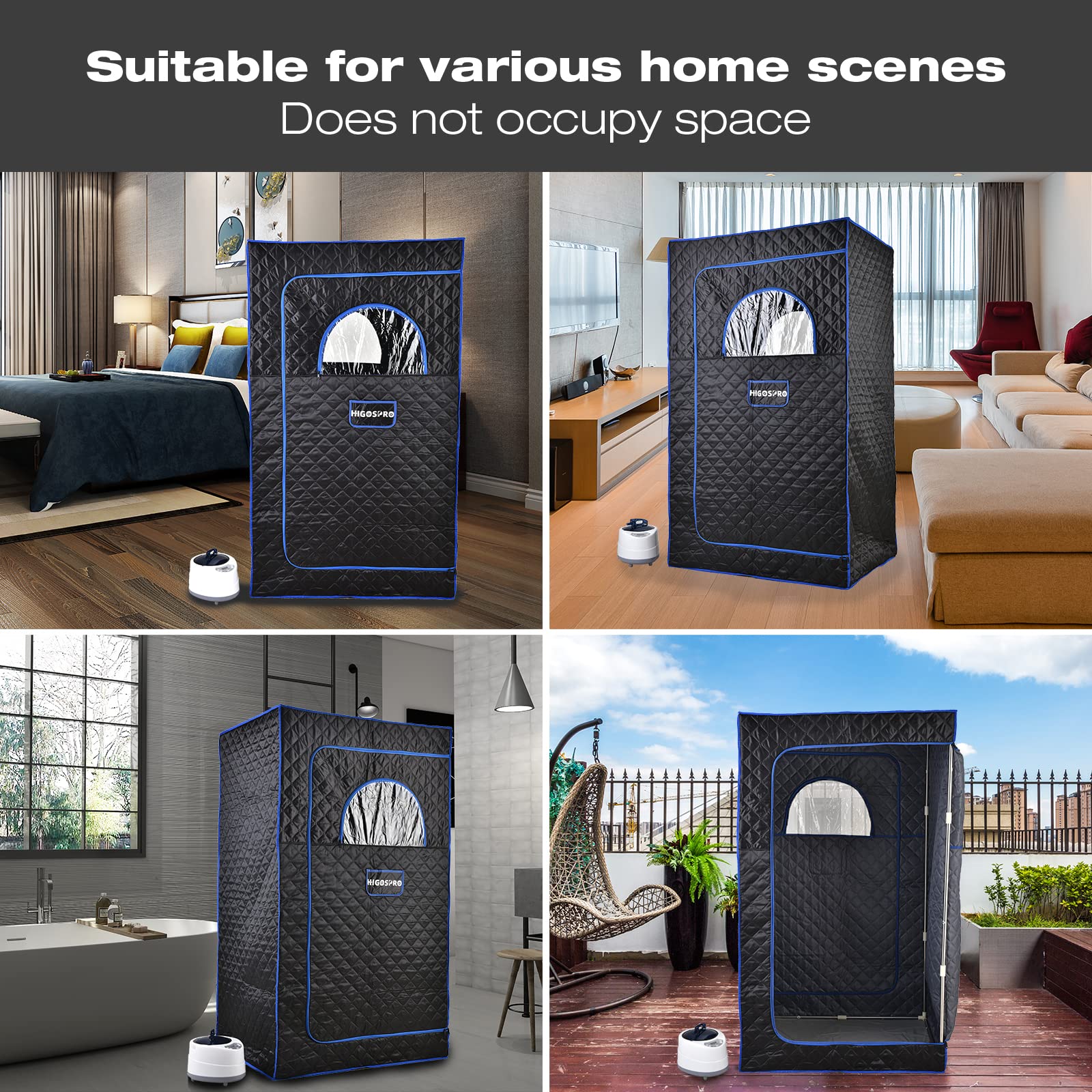 HIGOSPRO Portable Full Size Steam Sauna, Lightweight Steam Saunas for Home Spa, FCC Certified 2.6L & 1000W Steam Generator, 90 Minute Timer, Indoor Steam Sauna Tent with Remote Control, Black