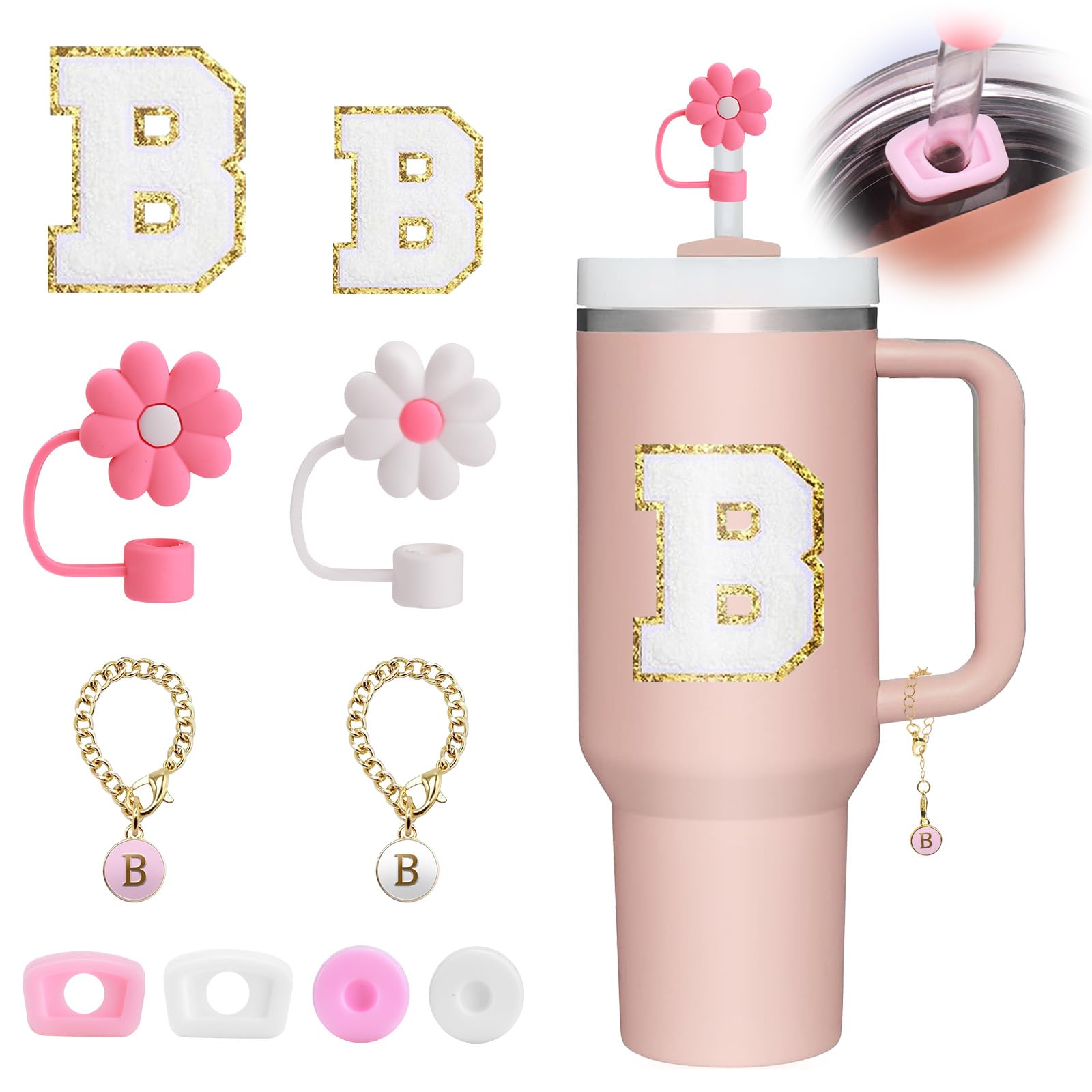 Mity rain 10pcs Cup Accessories Set for Stanley 30 oz 40 oz, Tumbler Straw Cover Cap for Stanley Cup, Round And Square Spill Proof Stopper, Letter Cup Charm, Sticker for Stanley Decorations, Letter K
