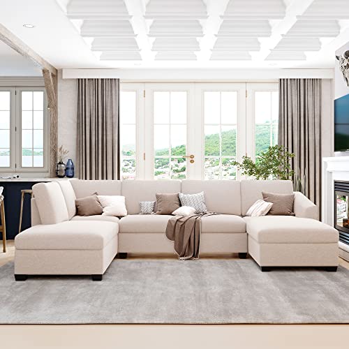 MOEO Large U-Shape Sectional Sofa, Double Extra Wide Chaise Lounge Couch, Birch Wood Legs Sponge, for Living Room Apartment, Office, Beige