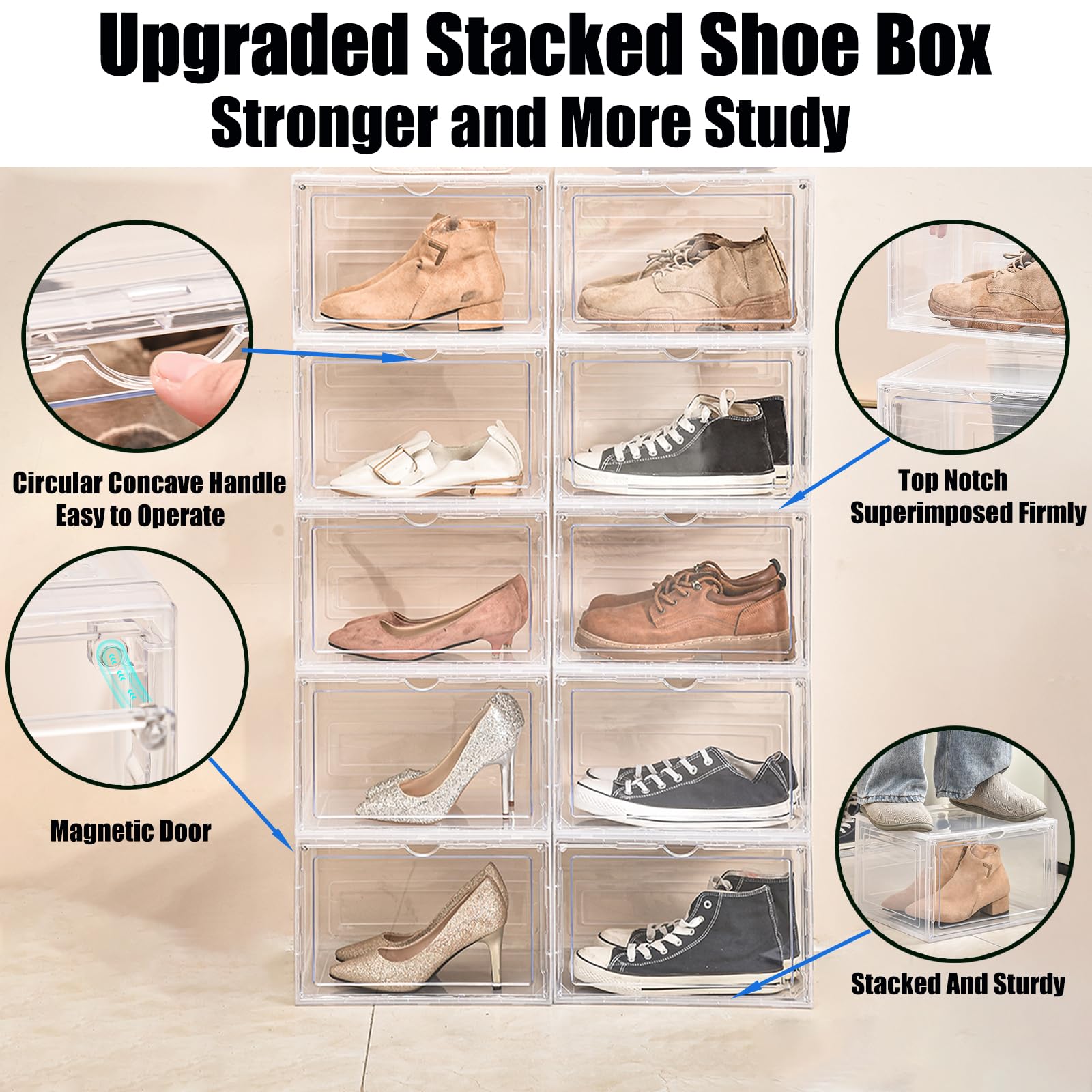 Rgqphantom 1pack Shoe Storage Box,Stronger Shoe Box with Magnetic Door for Sneaker Display,Easy Assembly,Shoe Box Clear Plastic Stackable,Transparent (1 pack)