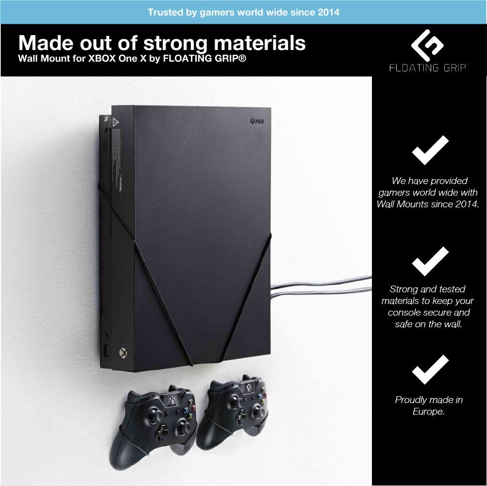 Xbox One X Wall Mount by FLOATING GRIP - Mounting Kit for Hanging Gaming Consoles - Strong & Slim Ropes - Easy-to-Install System (Bundle: Fits Xbox One X + x2 Controllers, Black)