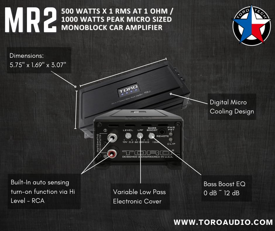 TORO TECH – R6, 8000 Watts MAX – 3200 Watts RMS 0.5Ω Stable Monoblock Car Amplifier Sound Quality Class D Design, Built-in Auto Sensing Turn-On, Subwoofer Amplifier
