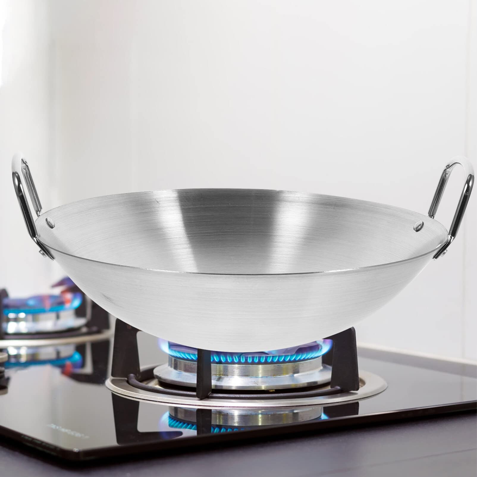 Luxshiny Stainless Steel Wok Non Stick Wok Pan Stainless Steel Pot Wok Skillet Nonstick Steel Skillet Everything Pan Camping Cookware Cooking Pot with Double Handle Gas Cooker Complex Work