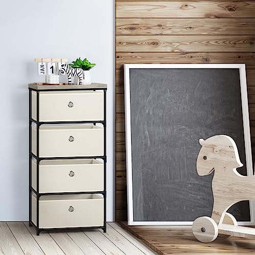 MOOACE 4 Drawer Dresser,Fabric Storage Tower,Clothes Organizer for Bedroom, Nursery, Entryway, Closets,Sturdy Black Steel Frame, Fabric Top,Milky Grey