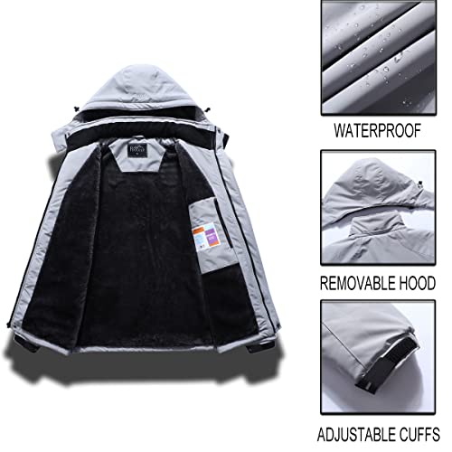 Pooluly Men's Ski Jacket Warm Winter Waterproof Windbreaker Hooded Raincoat Snowboarding Jackets Light Gray-2XL